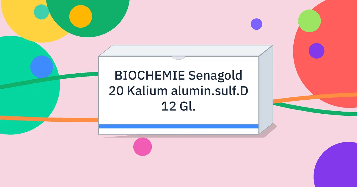 Symbolbild: Packung mit der Aufschrift BIOCHEMIE Senagold 20 Kalium alumin.sulf.D 12 Gl. (PZN 09214760) – Verfügbarkeit und Bezug in Apotheken in Frankfurt am Main