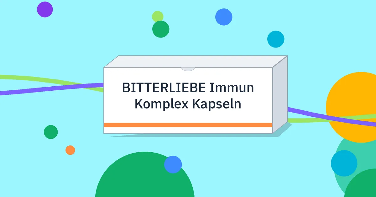 Symbolbild: Packung mit der Aufschrift BITTERLIEBE Immun Komplex Kapseln (PZN 18679966) – Verfügbarkeit und Bezug in Apotheken in Frankfurt am Main