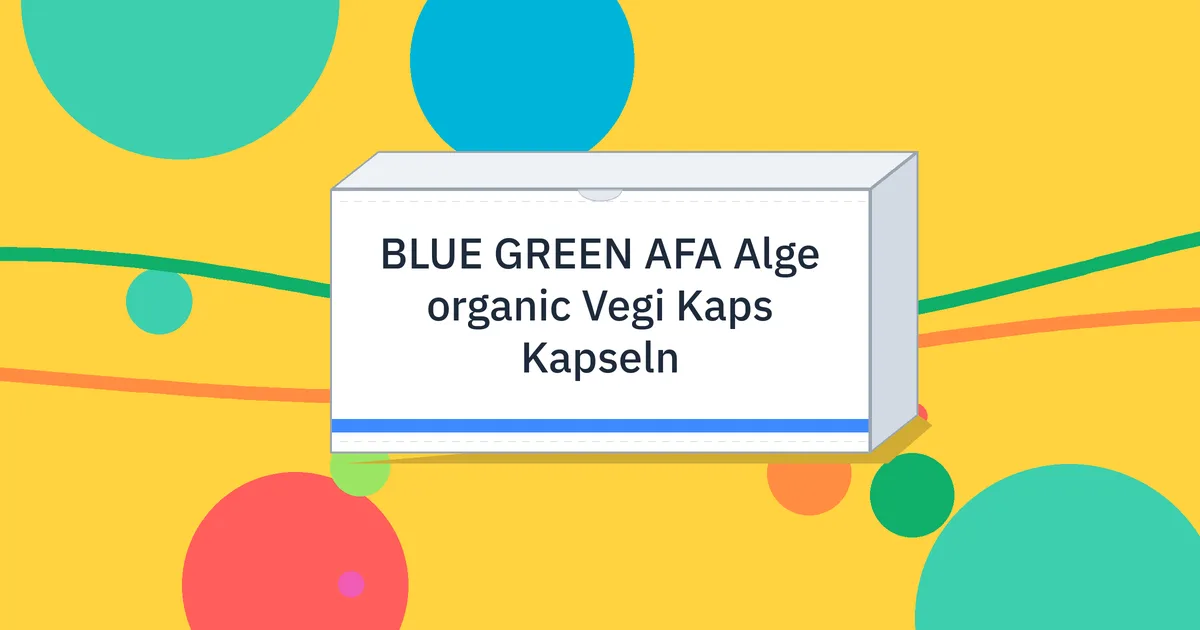 Symbolbild: Packung mit der Aufschrift BLUE GREEN AFA Alge organic Vegi Kaps Kapseln (PZN 06462569) – Verfügbarkeit und Bezug in Apotheken in Frankfurt am Main