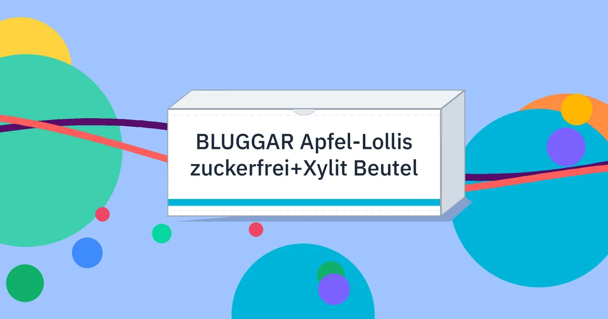Symbolbild: Packung mit der Aufschrift BLUGGAR Apfel-Lollis zuckerfrei+Xylit Beutel (PZN 20604013) – Verfügbarkeit und Bezug in Apotheken in Frankfurt am Main