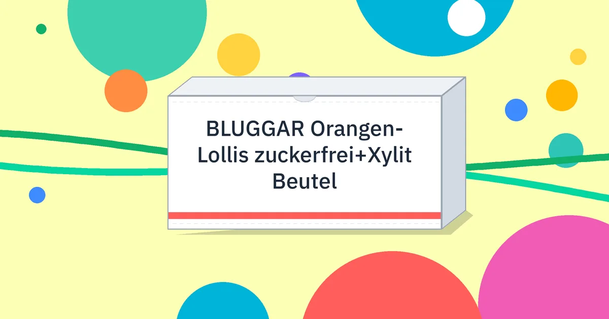 Symbolbild: Packung mit der Aufschrift BLUGGAR Orangen-Lollis zuckerfrei+Xylit Beutel (PZN 20604007) – Verfügbarkeit und Bezug in Apotheken in Frankfurt am Main