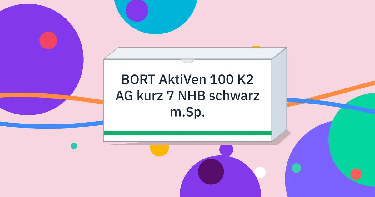 Symbolbild: Packung mit der Aufschrift BORT AktiVen 100 K2 AG kurz 7 NHB schwarz m.Sp. (PZN 14388114) – Verfügbarkeit und Bezug in Apotheken in Frankfurt am Main