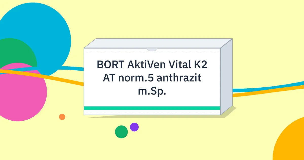 Symbolbild: Packung mit der Aufschrift BORT AktiVen Vital K2 AT norm.5 anthrazit m.Sp. (PZN 13743240) – Verfügbarkeit und Bezug in Apotheken in Frankfurt am Main