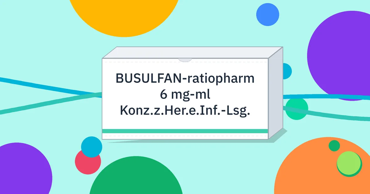 Symbolbild: Packung mit der Aufschrift BUSULFAN-ratiopharm 6 mg-ml Konz.z.Her.e.Inf.-Lsg. (PZN 13570650) – Verfügbarkeit und Bezug in Apotheken in Frankfurt am Main