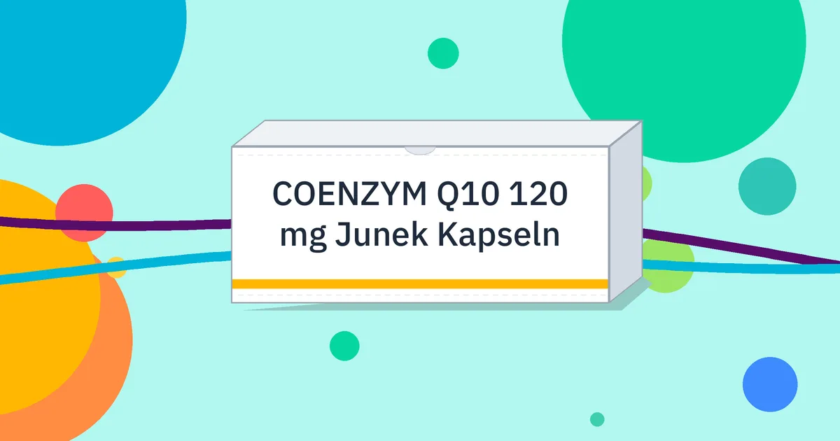 Symbolbild: Packung mit der Aufschrift COENZYM Q10 120 mg Junek Kapseln (PZN 09720078) – Verfügbarkeit und Bezug in Apotheken in Frankfurt am Main