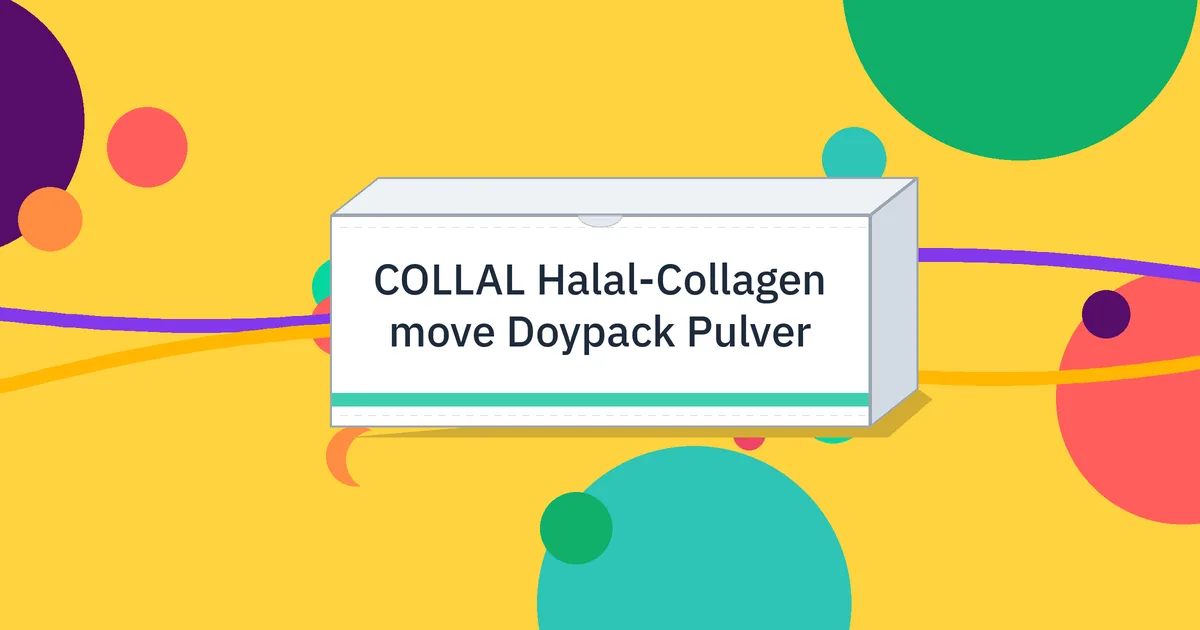 Symbolbild: Packung mit der Aufschrift COLLAL Halal-Collagen move Doypack Pulver (PZN 19108059) – Verfügbarkeit und Bezug in Apotheken in Frankfurt am Main