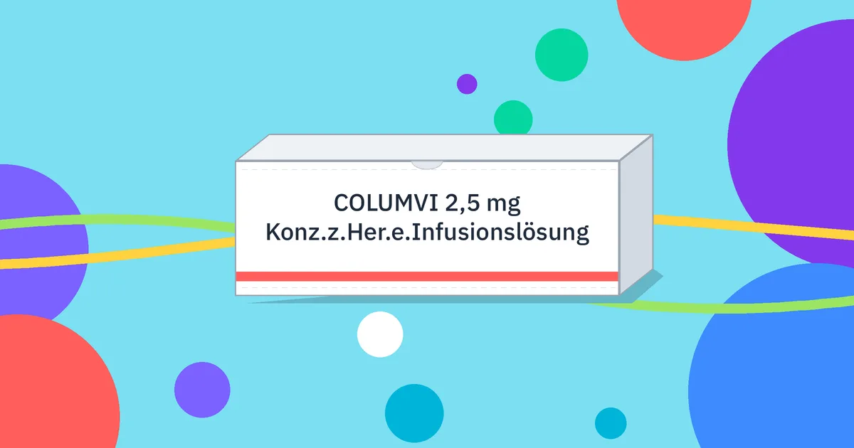 Symbolbild: Packung mit der Aufschrift COLUMVI 2,5 mg Konz.z.Her.e.Infusionslösung (PZN 18269599) – Verfügbarkeit und Bezug in Apotheken in Frankfurt am Main