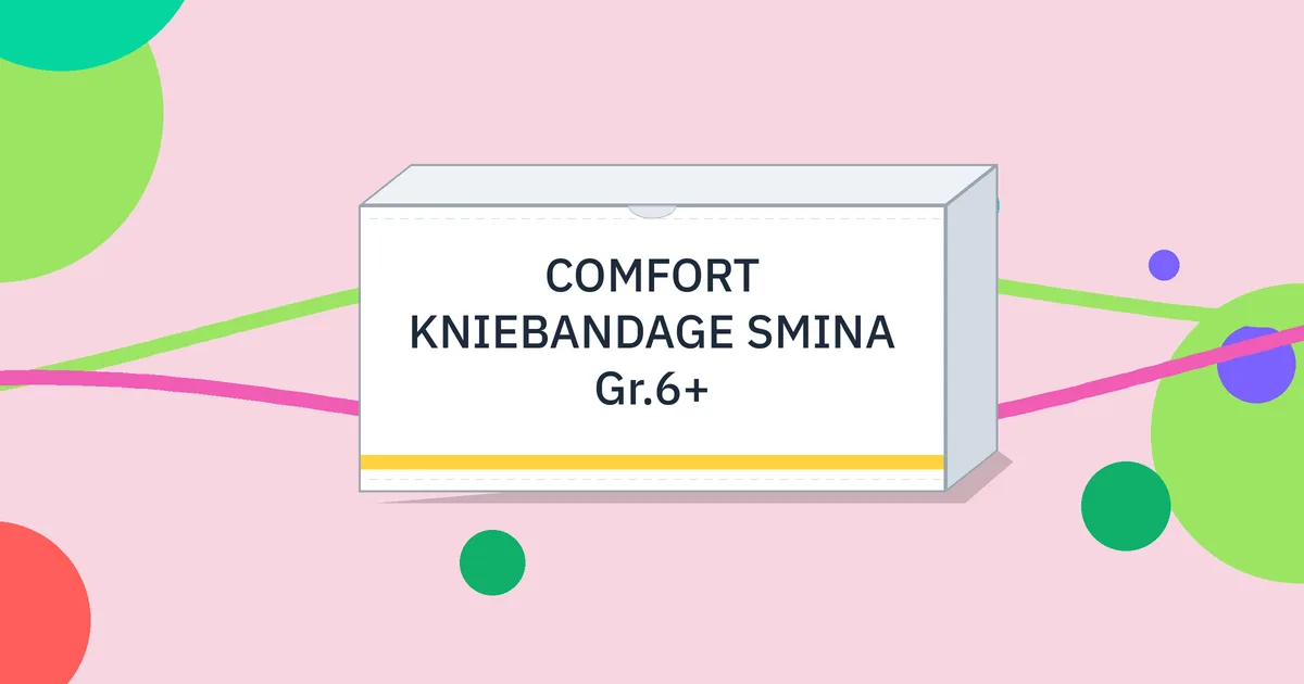 Symbolbild: Packung mit der Aufschrift COMFORT KNIEBANDAGE SMINA Gr.6+ (PZN 20163046) – Verfügbarkeit und Bezug in Apotheken in Frankfurt am Main