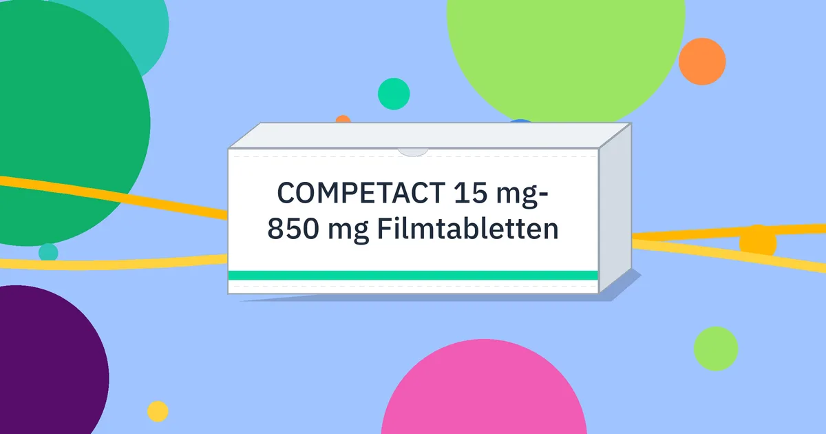 Symbolbild: Packung mit der Aufschrift COMPETACT 15 mg-850 mg Filmtabletten (PZN 08794815) – Verfügbarkeit und Bezug in Apotheken in Frankfurt am Main
