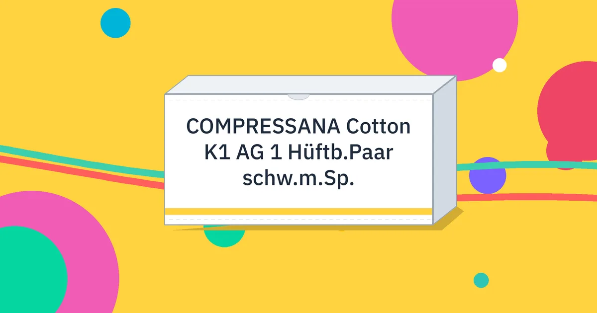 Symbolbild: Packung mit der Aufschrift COMPRESSANA Cotton K1 AG 1 Hüftb.Paar schw.m.Sp. (PZN 12980127) – Verfügbarkeit und Bezug in Apotheken in Frankfurt am Main