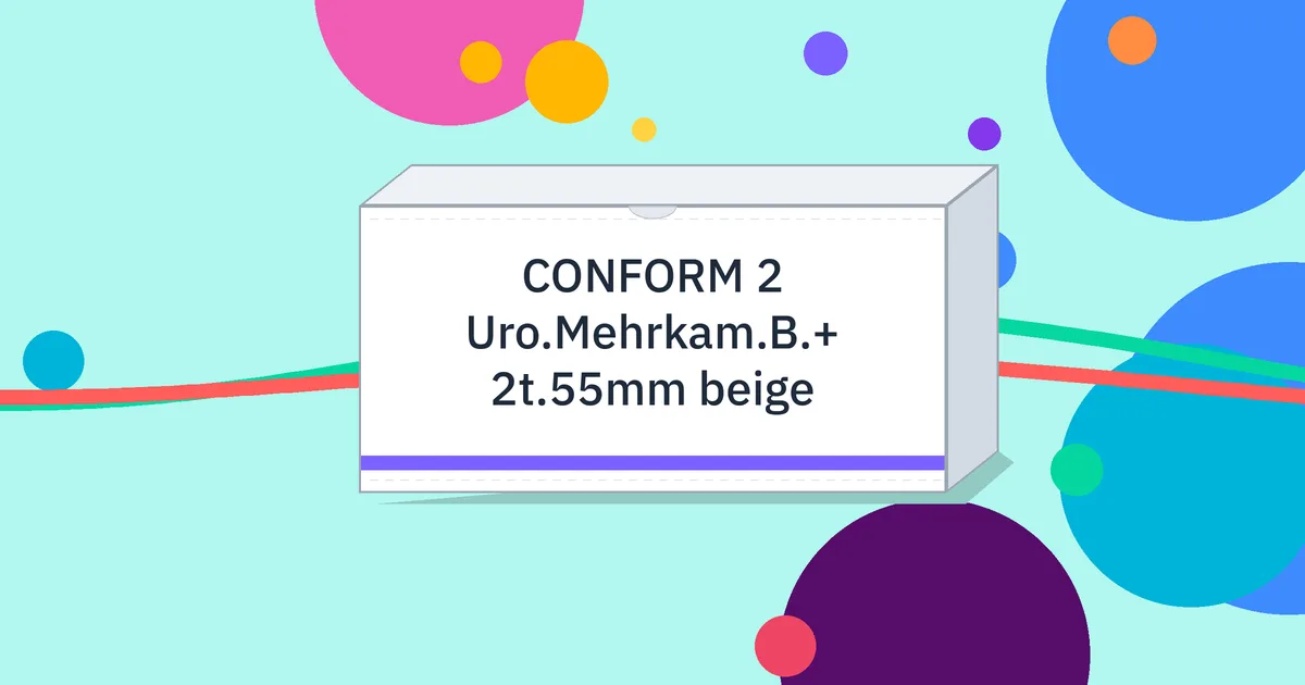 Symbolbild: Packung mit der Aufschrift CONFORM 2 Uro.Mehrkam.B.+ 2t.55mm beige (PZN 10812609) – Verfügbarkeit und Bezug in Apotheken in Frankfurt am Main