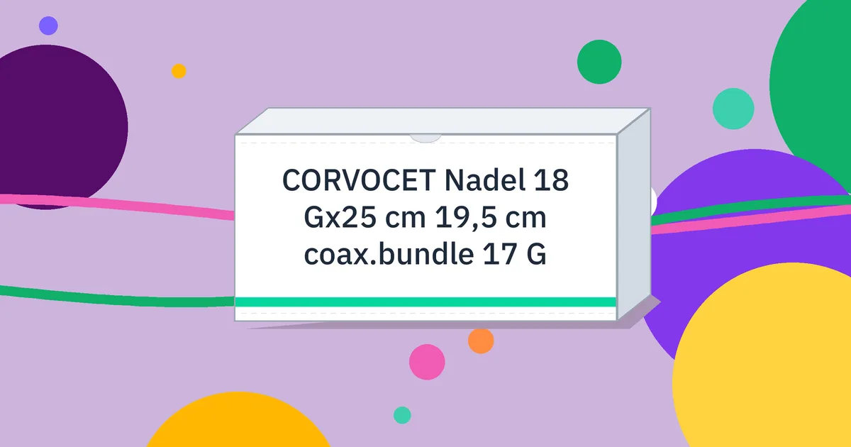 Symbolbild: Packung mit der Aufschrift CORVOCET Nadel 18 Gx25 cm 19,5 cm coax.bundle 17 G (PZN 18764175) – Verfügbarkeit und Bezug in Apotheken in Frankfurt am Main