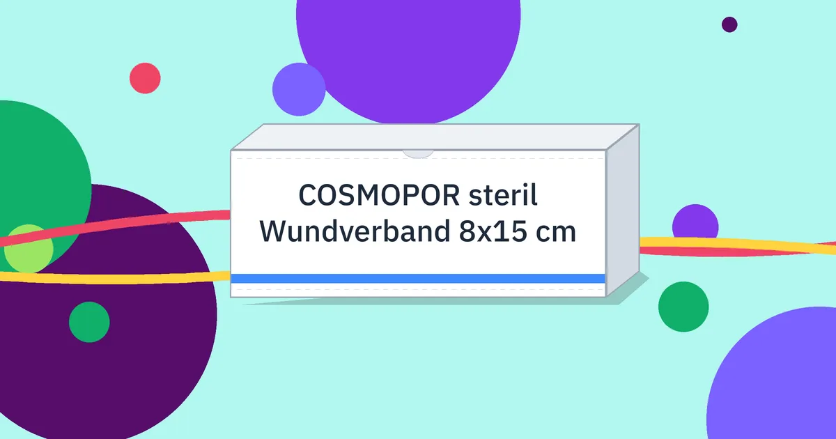 Symbolbild: Packung mit der Aufschrift COSMOPOR steril Wundverband 8x15 cm (PZN 15824600) – Verfügbarkeit und Bezug in Apotheken in Frankfurt am Main