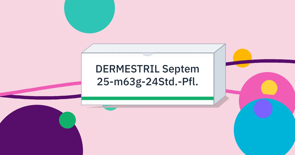 Symbolbild: Packung mit der Aufschrift DERMESTRIL Septem 25-m63g-24Std.-Pfl. (PZN 00703121) – Verfügbarkeit und Bezug in Apotheken in Frankfurt am Main