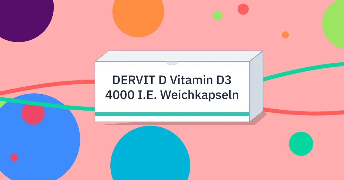Symbolbild: Packung mit der Aufschrift DERVIT D Vitamin D3 4000 I.E. Weichkapseln (PZN 19197933) – Verfügbarkeit und Bezug in Apotheken in Frankfurt am Main
