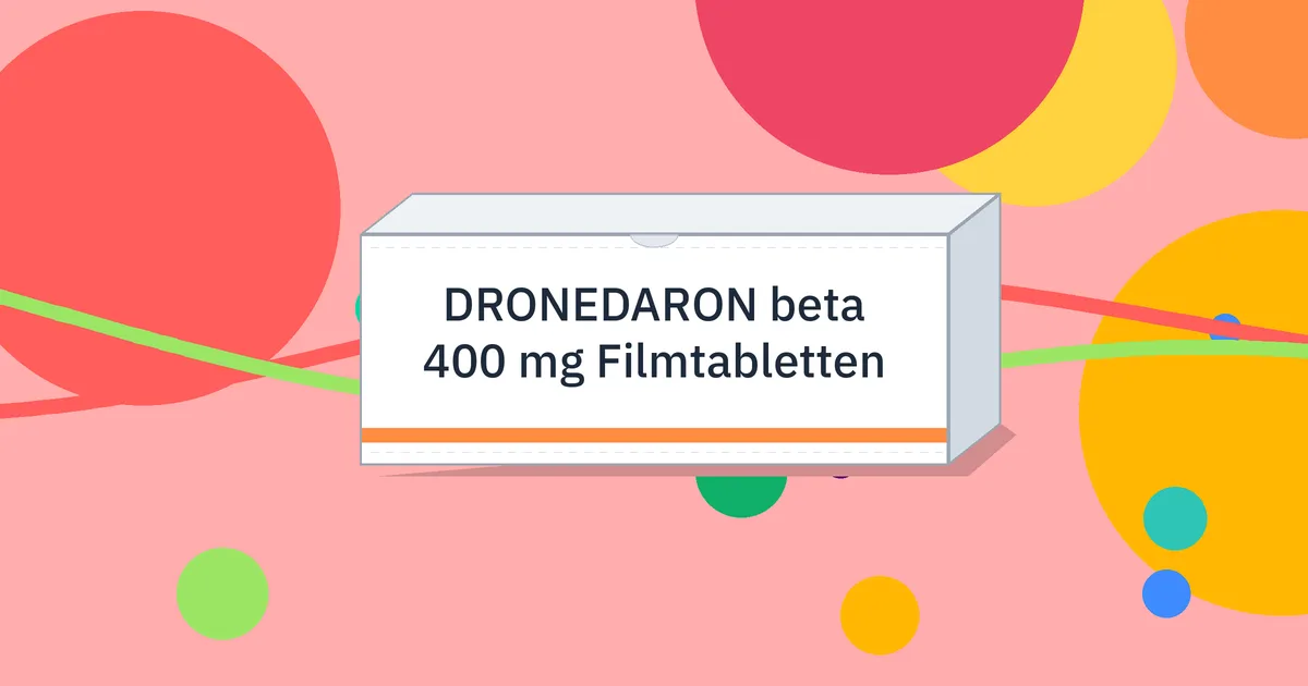 Symbolbild: Packung mit der Aufschrift DRONEDARON beta 400 mg Filmtabletten (PZN 15303634) – Verfügbarkeit und Bezug in Apotheken in Frankfurt am Main