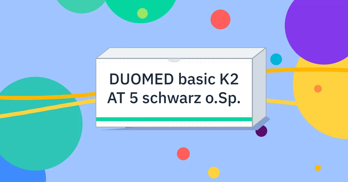 Symbolbild: Packung mit der Aufschrift DUOMED basic K2 AT 5 schwarz o.Sp. (PZN 20906145) – Verfügbarkeit und Bezug in Apotheken in Frankfurt am Main