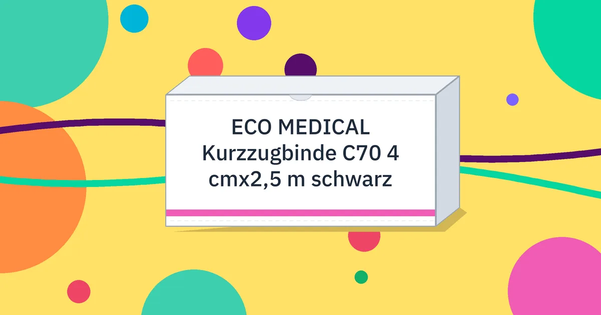 Symbolbild: Packung mit der Aufschrift ECO MEDICAL Kurzzugbinde C70 4 cmx2,5 m schwarz (PZN 11171696) – Verfügbarkeit und Bezug in Apotheken in Frankfurt am Main