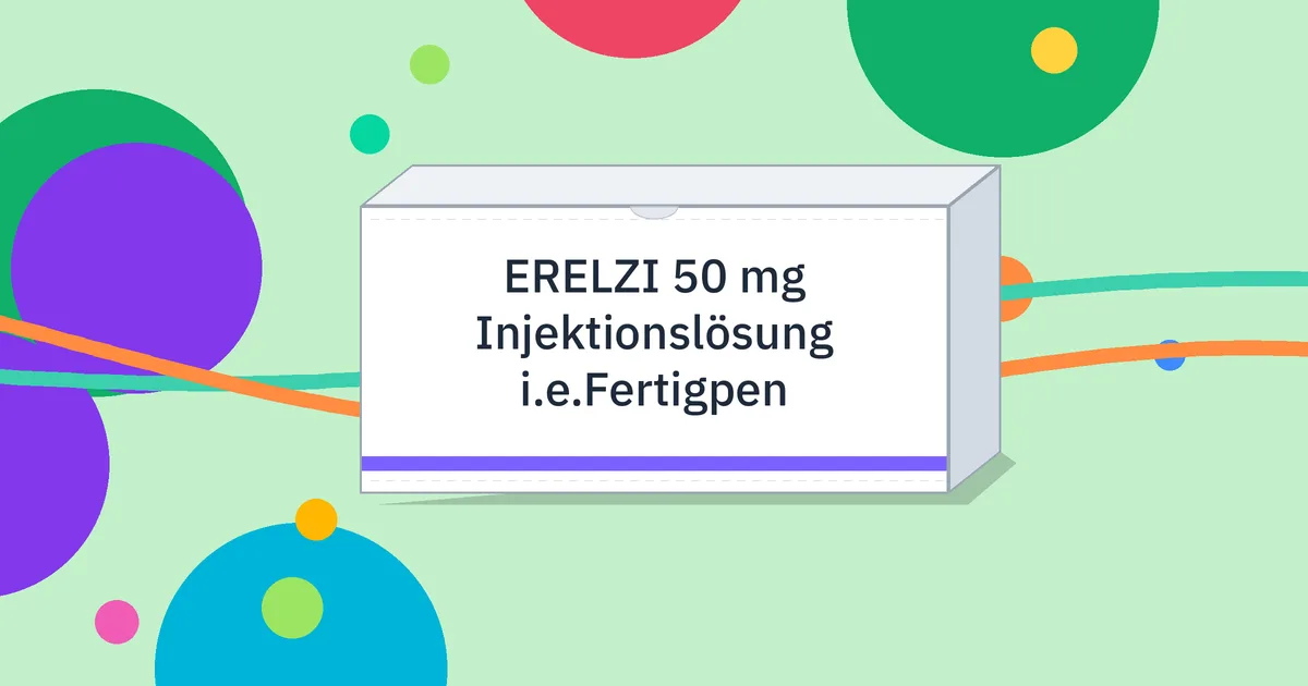 Symbolbild: Packung mit der Aufschrift ERELZI 50 mg Injektionslösung i.e.Fertigpen (PZN 11594356) – Verfügbarkeit und Bezug in Apotheken in Frankfurt am Main