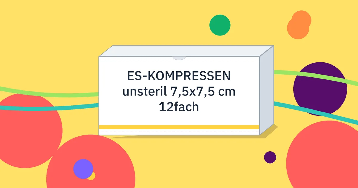 Symbolbild: Packung mit der Aufschrift ES-KOMPRESSEN unsteril 7,5x7,5 cm 12fach (PZN 11313765) – Verfügbarkeit und Bezug in Apotheken in Frankfurt am Main