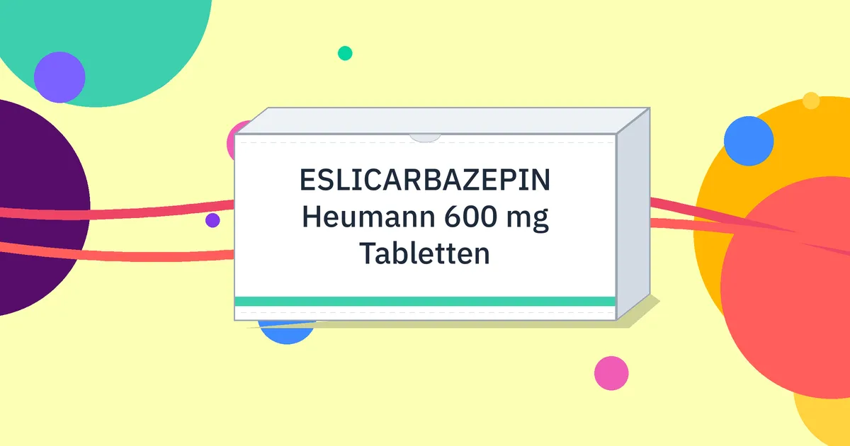 Symbolbild: Packung mit der Aufschrift ESLICARBAZEPIN Heumann 600 mg Tabletten (PZN 18438234) – Verfügbarkeit und Bezug in Apotheken in Frankfurt am Main