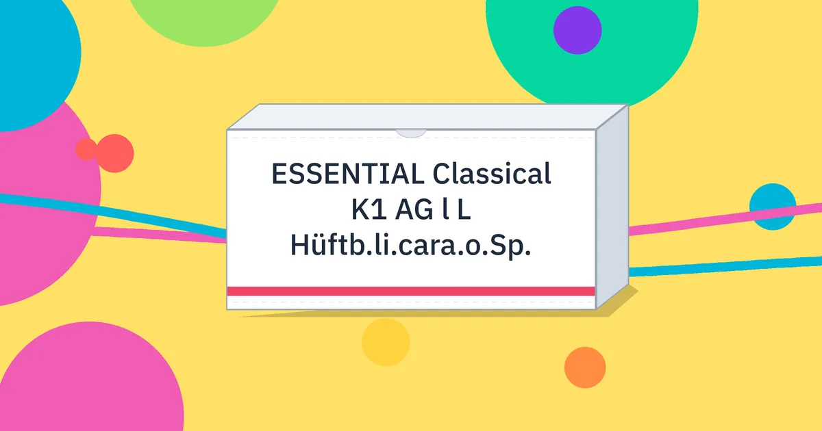 Symbolbild: Packung mit der Aufschrift ESSENTIAL Classical K1 AG l L Hüftb.li.cara.o.Sp. (PZN 17011427) – Verfügbarkeit und Bezug in Apotheken in Frankfurt am Main