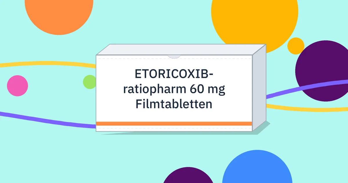 Symbolbild: Packung mit der Aufschrift ETORICOXIB-ratiopharm 60 mg Filmtabletten (PZN 12377106) – Verfügbarkeit und Bezug in Apotheken in Frankfurt am Main