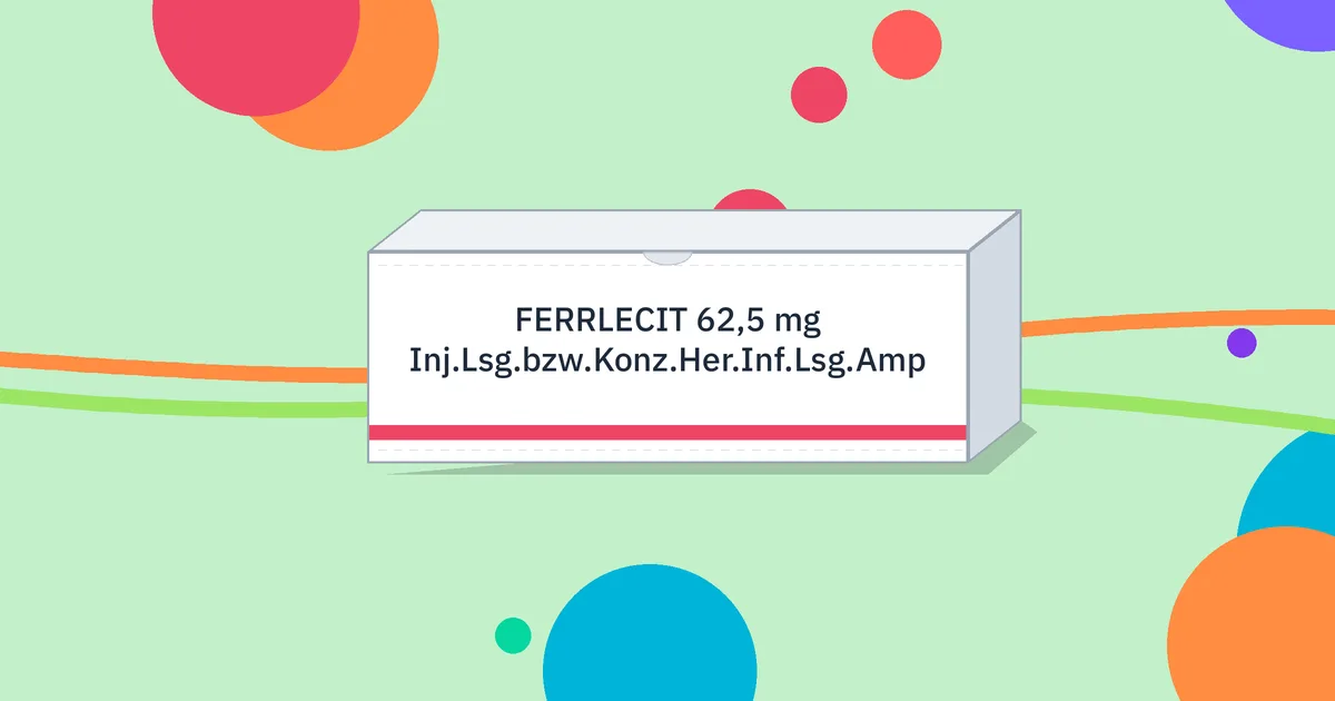 Symbolbild: Packung mit der Aufschrift FERRLECIT 62,5 mg Inj.Lsg.bzw.Konz.Her.Inf.Lsg.Amp (PZN 16894695) – Verfügbarkeit und Bezug in Apotheken in Frankfurt am Main