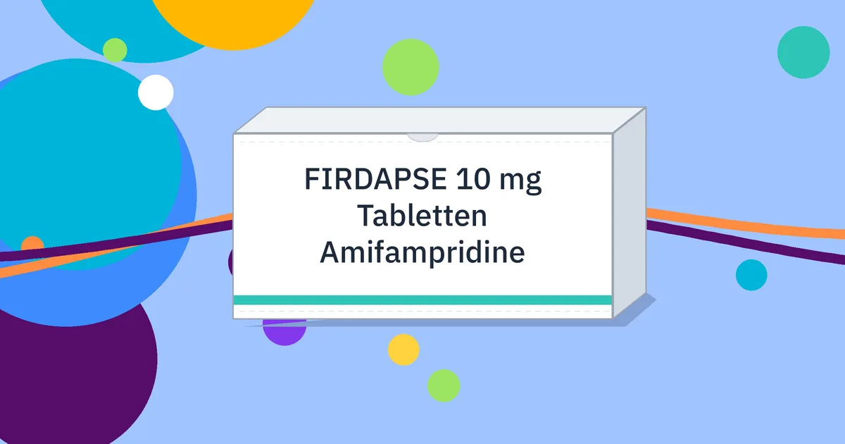 Symbolbild: Packung mit der Aufschrift FIRDAPSE 10 mg Tabletten Amifampridine (PZN 06129083) – Verfügbarkeit und Bezug in Apotheken in Frankfurt am Main