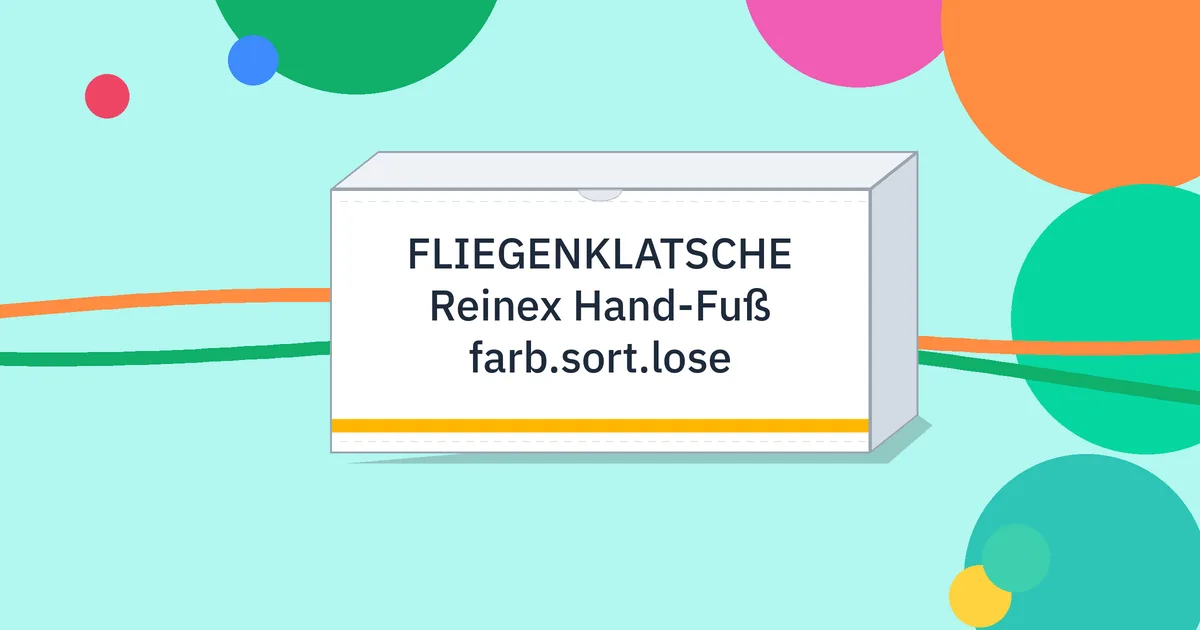 Symbolbild: Packung mit der Aufschrift FLIEGENKLATSCHE Reinex Hand-Fuß farb.sort.lose (PZN 06912771) – Verfügbarkeit und Bezug in Apotheken in Frankfurt am Main