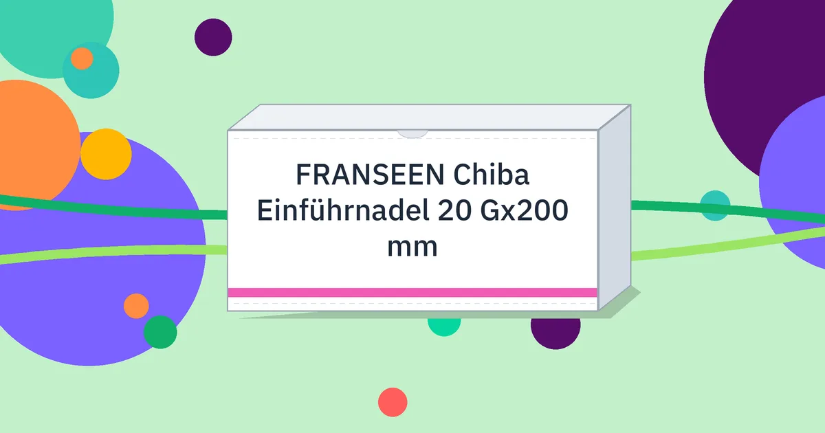 Symbolbild: Packung mit der Aufschrift FRANSEEN Chiba Einführnadel 20 Gx200 mm (PZN 16920369) – Verfügbarkeit und Bezug in Apotheken in Frankfurt am Main