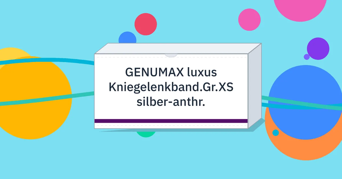 Symbolbild: Packung mit der Aufschrift GENUMAX luxus Kniegelenkband.Gr.XS silber-anthr. (PZN 11097356) – Verfügbarkeit und Bezug in Apotheken in Frankfurt am Main