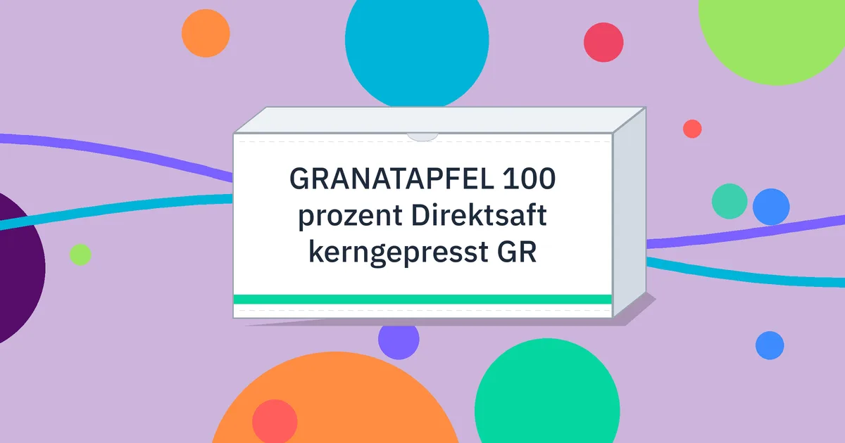 Symbolbild: Packung mit der Aufschrift GRANATAPFEL 100 prozent Direktsaft kerngepresst GR (PZN 13514189) – Verfügbarkeit und Bezug in Apotheken in Frankfurt am Main
