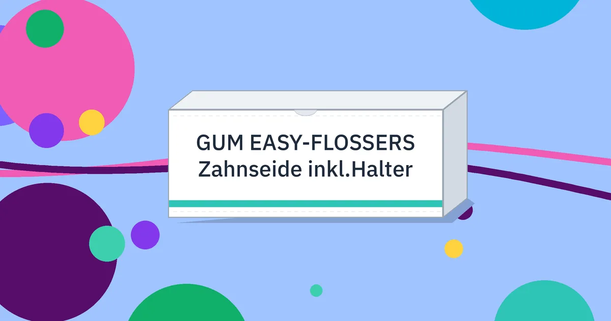 Symbolbild: Packung mit der Aufschrift GUM EASY-FLOSSERS Zahnseide inkl.Halter (PZN 15888787) – Verfügbarkeit und Bezug in Apotheken in Frankfurt am Main