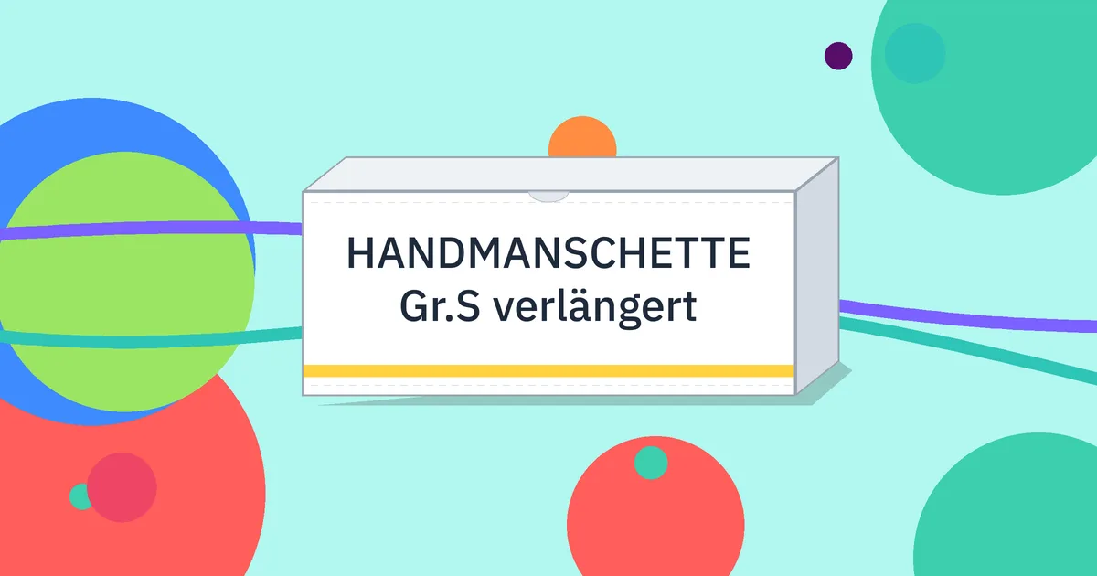 Symbolbild: Packung mit der Aufschrift HANDMANSCHETTE Gr.S verlängert (PZN 11849796) – Verfügbarkeit und Bezug in Apotheken in Frankfurt am Main