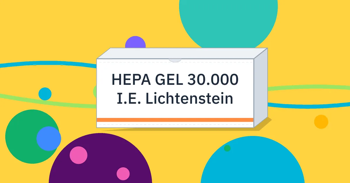 Symbolbild: Packung mit der Aufschrift HEPA GEL 30.000 I.E. Lichtenstein (PZN 04345279) – Verfügbarkeit und Bezug in Apotheken in Frankfurt am Main