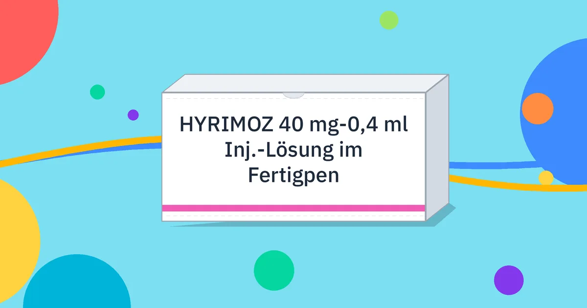 Symbolbild: Packung mit der Aufschrift HYRIMOZ 40 mg-0,4 ml Inj.-Lösung im Fertigpen (PZN 18657433) – Verfügbarkeit und Bezug in Apotheken in Frankfurt am Main
