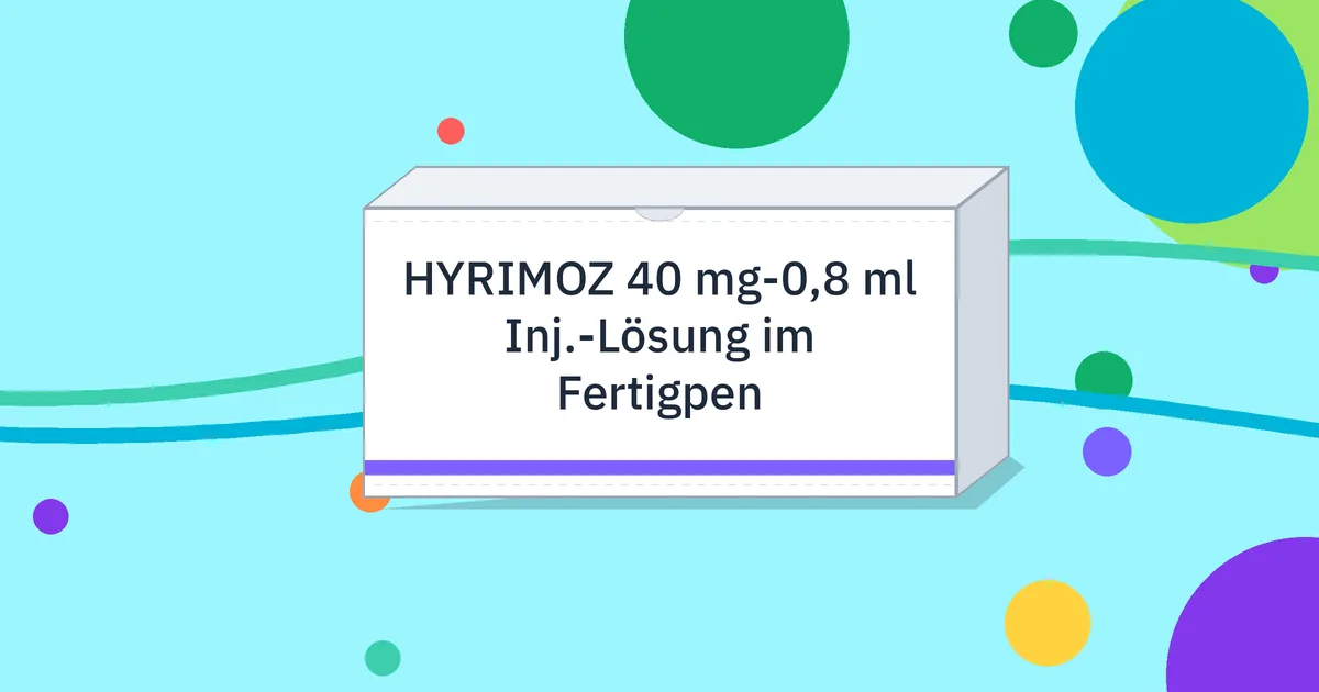 Symbolbild: Packung mit der Aufschrift HYRIMOZ 40 mg-0,8 ml Inj.-Lösung im Fertigpen (PZN 18004659) – Verfügbarkeit und Bezug in Apotheken in Frankfurt am Main