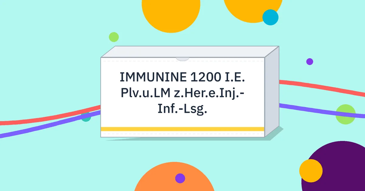 Symbolbild: Packung mit der Aufschrift IMMUNINE 1200 I.E. Plv.u.LM z.Her.e.Inj.-Inf.-Lsg. (PZN 06957207) – Verfügbarkeit und Bezug in Apotheken in Frankfurt am Main