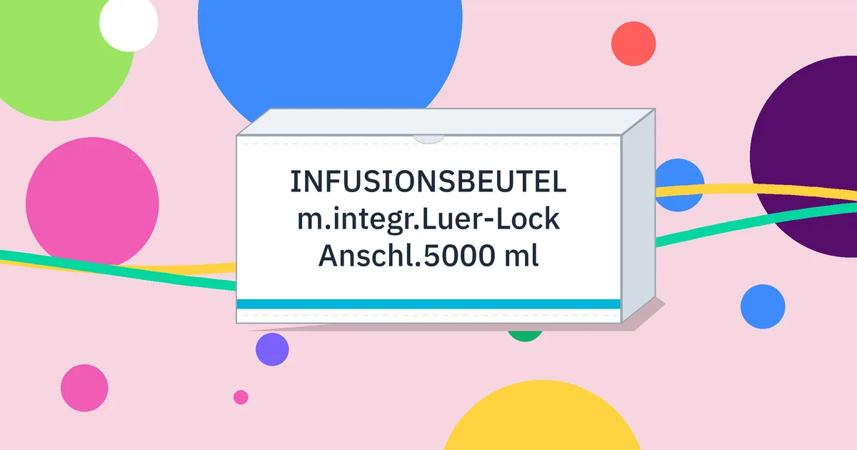 Symbolbild: Packung mit der Aufschrift INFUSIONSBEUTEL m.integr.Luer-Lock Anschl.5000 ml (PZN 19986423) – Verfügbarkeit und Bezug in Apotheken in Frankfurt am Main