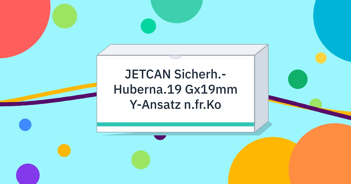 Symbolbild: Packung mit der Aufschrift JETCAN Sicherh.-Huberna.19 Gx19mm Y-Ansatz n.fr.Ko (PZN 20835994) – Verfügbarkeit und Bezug in Apotheken in Frankfurt am Main