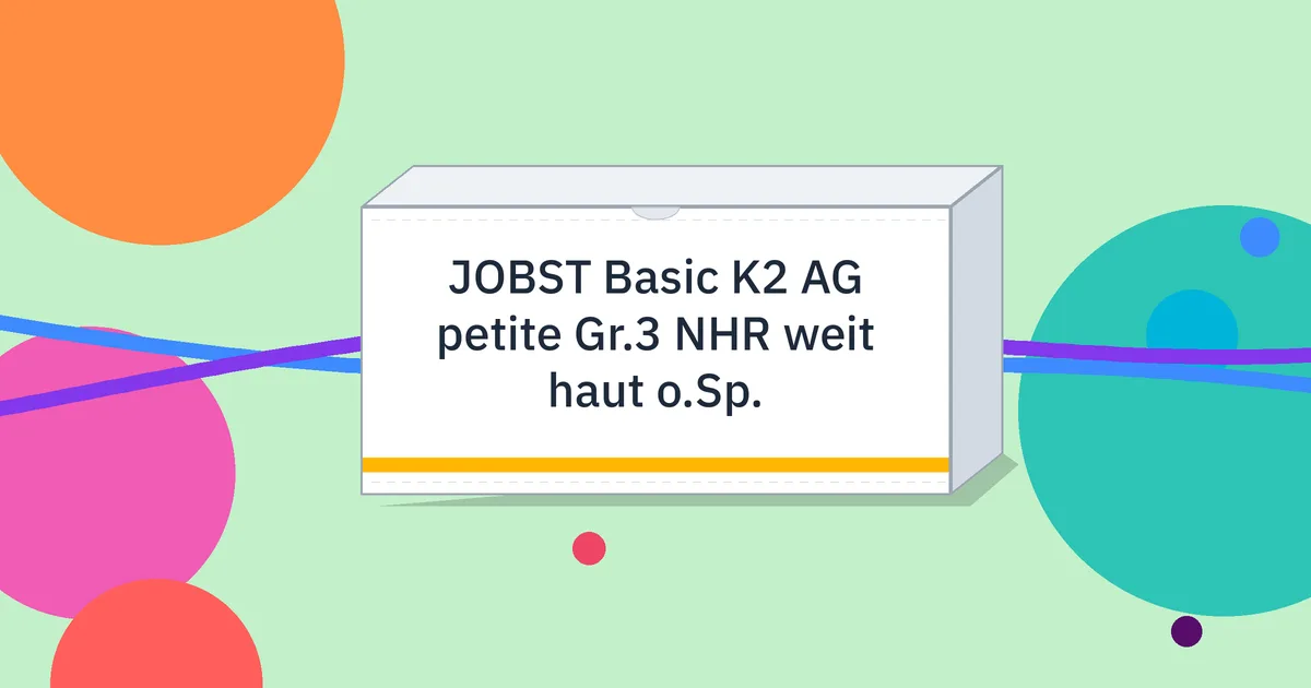 Symbolbild: Packung mit der Aufschrift JOBST Basic K2 AG petite Gr.3 NHR weit haut o.Sp. (PZN 11249458) – Verfügbarkeit und Bezug in Apotheken in Frankfurt am Main