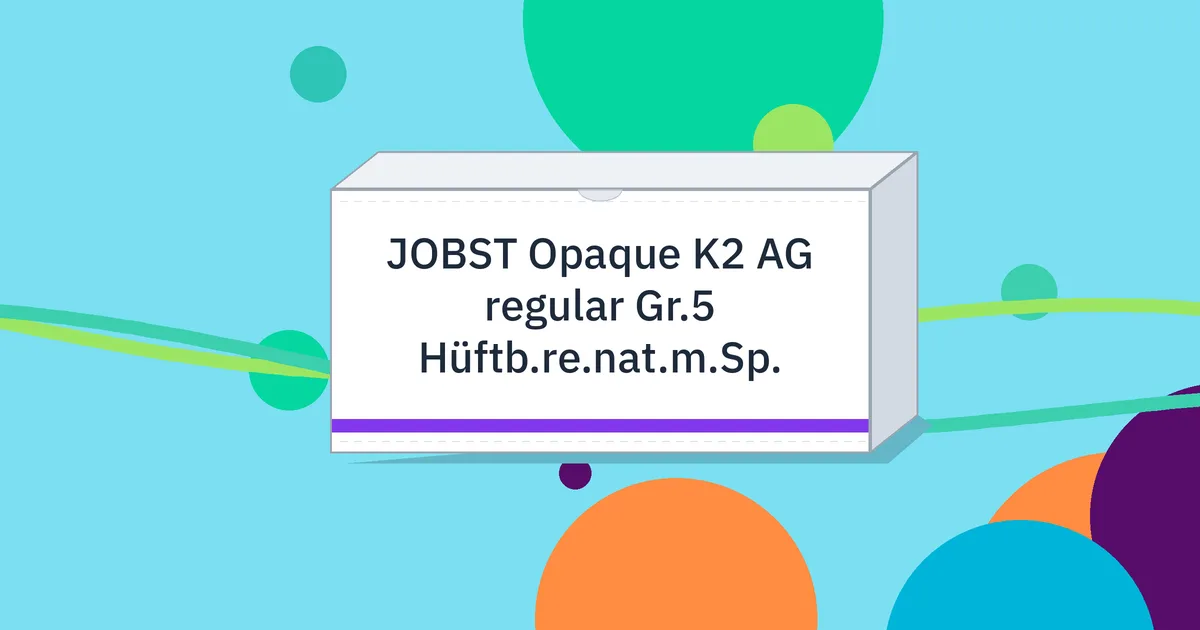 Symbolbild: Packung mit der Aufschrift JOBST Opaque K2 AG regular Gr.5 Hüftb.re.nat.m.Sp. (PZN 13117324) – Verfügbarkeit und Bezug in Apotheken in Frankfurt am Main