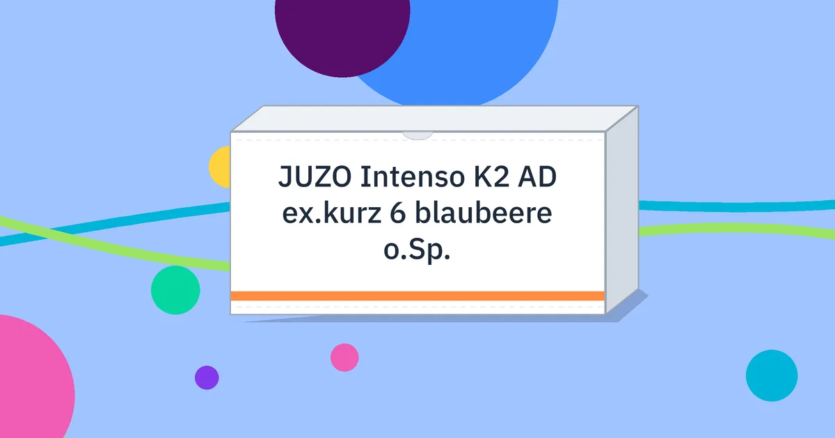 Symbolbild: Packung mit der Aufschrift JUZO Intenso K2 AD ex.kurz 6 blaubeere o.Sp. (PZN 18618700) – Verfügbarkeit und Bezug in Apotheken in Frankfurt am Main