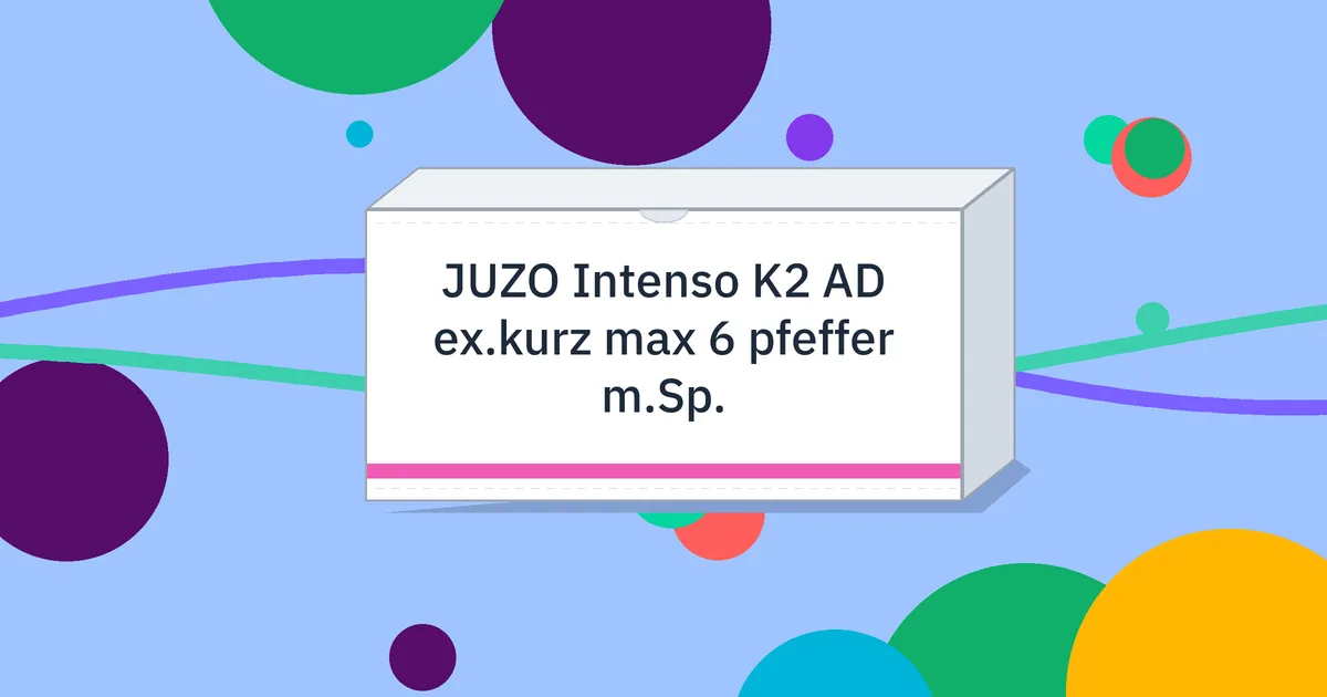 Symbolbild: Packung mit der Aufschrift JUZO Intenso K2 AD ex.kurz max 6 pfeffer m.Sp. (PZN 18606714) – Verfügbarkeit und Bezug in Apotheken in Frankfurt am Main