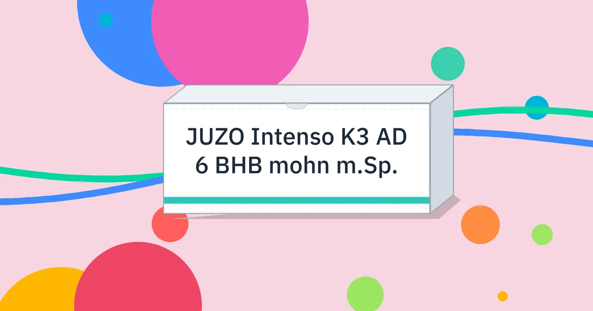 Symbolbild: Packung mit der Aufschrift JUZO Intenso K3 AD 6 BHB mohn m.Sp. (PZN 18634656) – Verfügbarkeit und Bezug in Apotheken in Frankfurt am Main