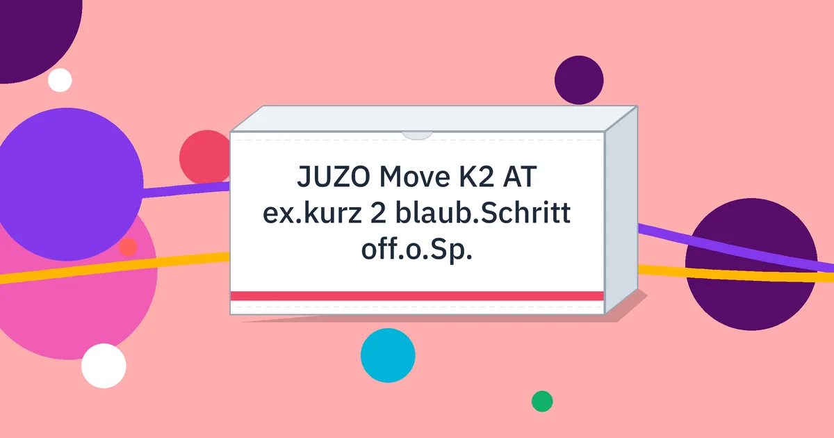 Symbolbild: Packung mit der Aufschrift JUZO Move K2 AT ex.kurz 2 blaub.Schritt off.o.Sp. (PZN 20672865) – Verfügbarkeit und Bezug in Apotheken in Frankfurt am Main