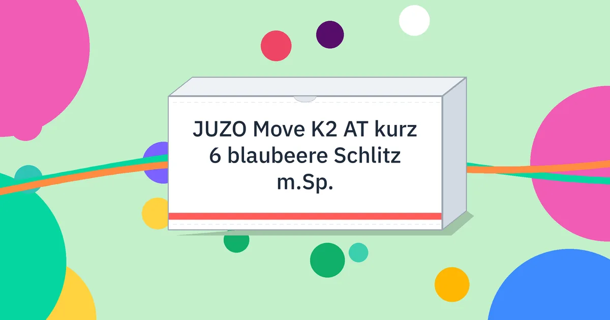 Symbolbild: Packung mit der Aufschrift JUZO Move K2 AT kurz 6 blaubeere Schlitz m.Sp. (PZN 20674976) – Verfügbarkeit und Bezug in Apotheken in Frankfurt am Main