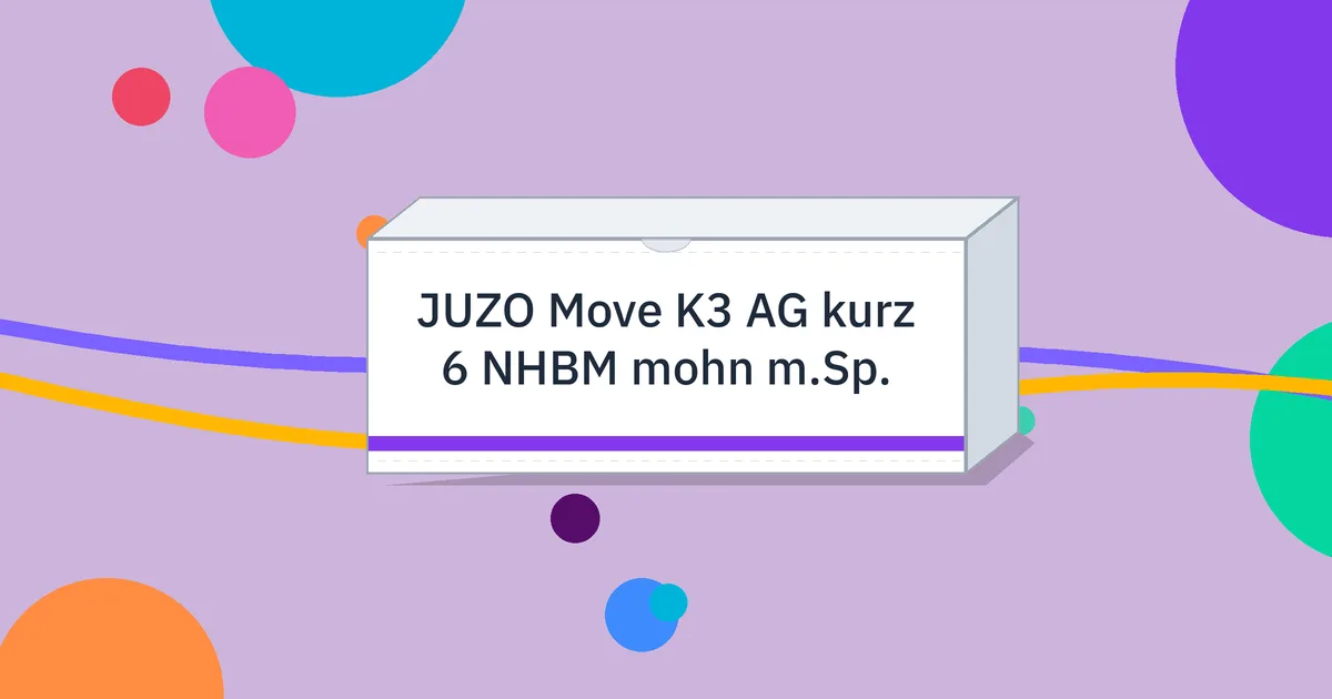 Symbolbild: Packung mit der Aufschrift JUZO Move K3 AG kurz 6 NHBM mohn m.Sp. (PZN 18590611) – Verfügbarkeit und Bezug in Apotheken in Frankfurt am Main