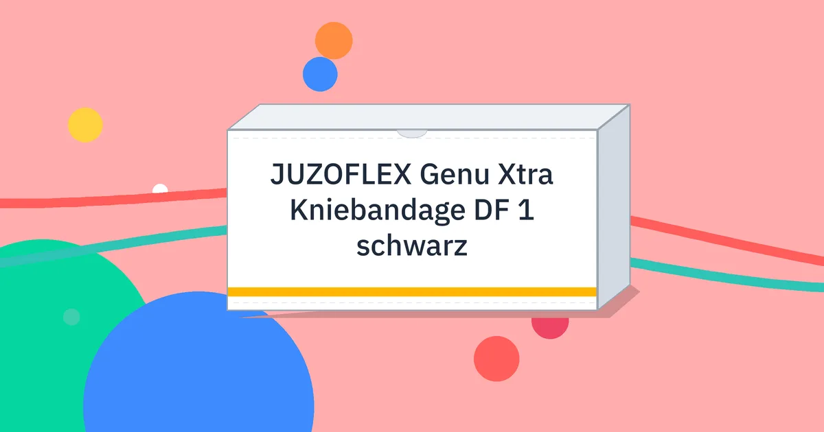 Symbolbild: Packung mit der Aufschrift JUZOFLEX Genu Xtra Kniebandage DF 1 schwarz (PZN 16497480) – Verfügbarkeit und Bezug in Apotheken in Frankfurt am Main